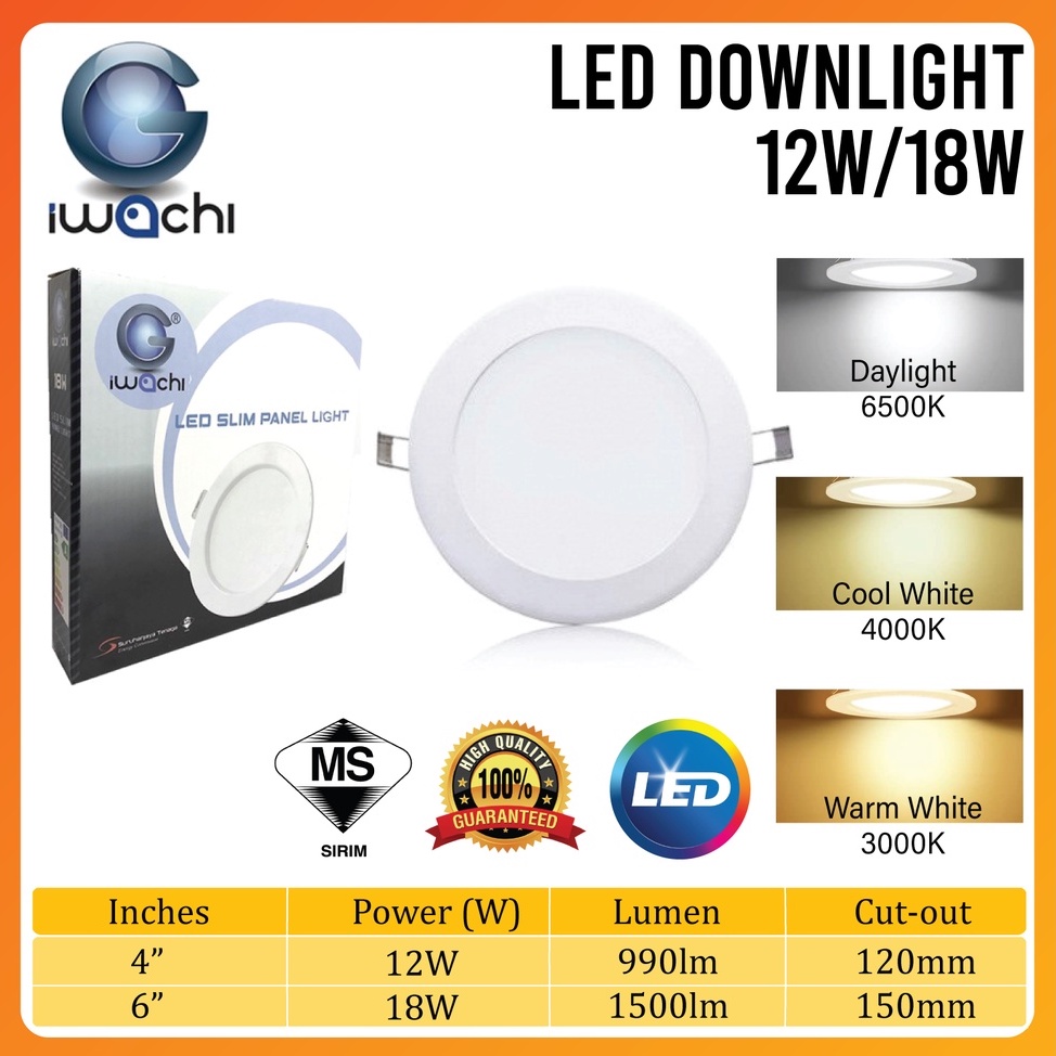 [ Sirim ] 6" 18W / 4" 12W IWACHI LED Downlight / Ceiling Light /Recessed Downlight (Round) Lampu ...