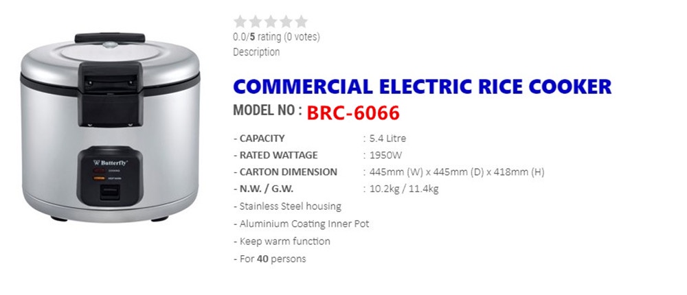 Butterfly Commercial Electric Rice Cooker 1950W (5.4L) BRC-6066 | Shopee Malaysia