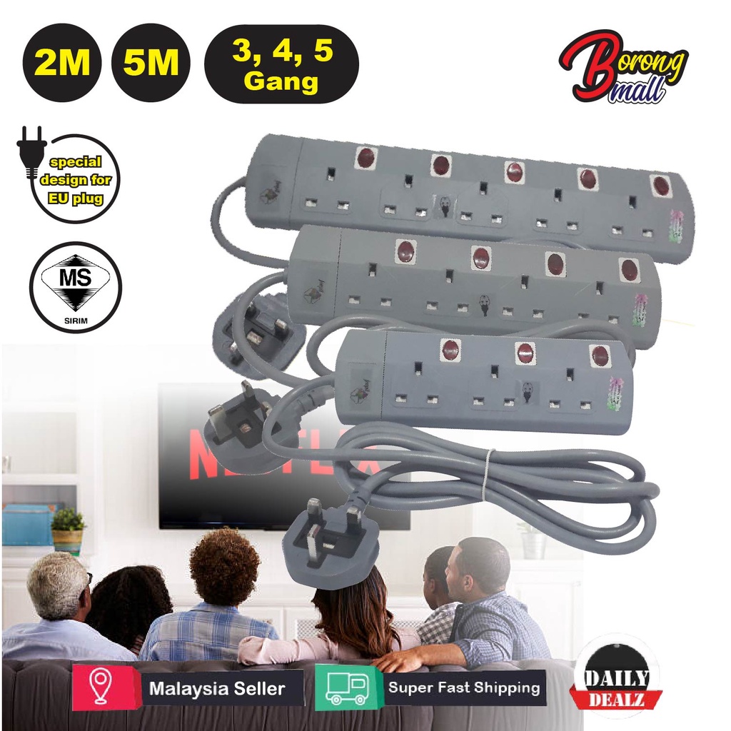 SIRIM APPROVED Geloof Trailing Extension Socket 2M/5M Wire/Penyambung ...