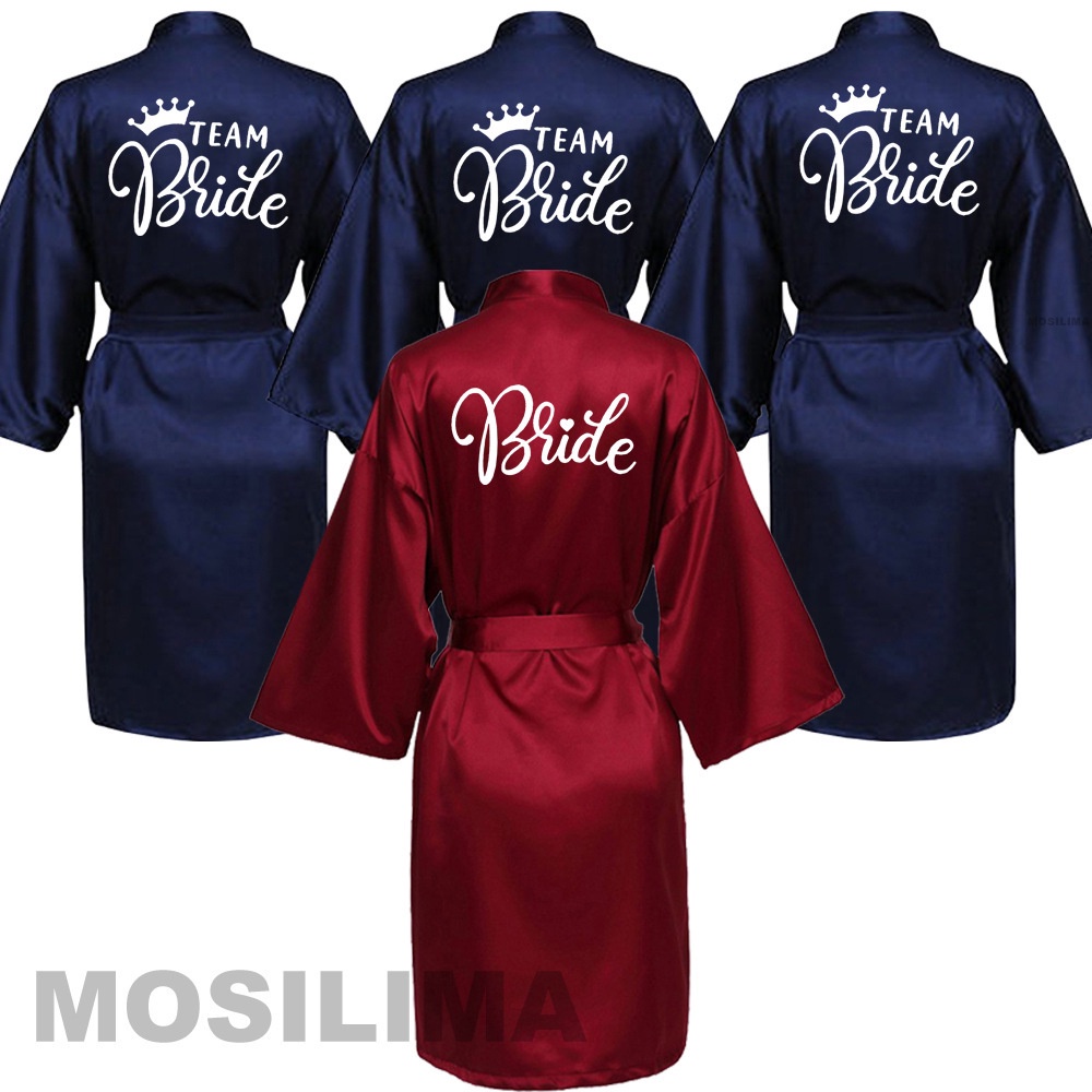 Wedding Party Team Bride Robe With Black Letters Kimono Satin Pajamas ...
