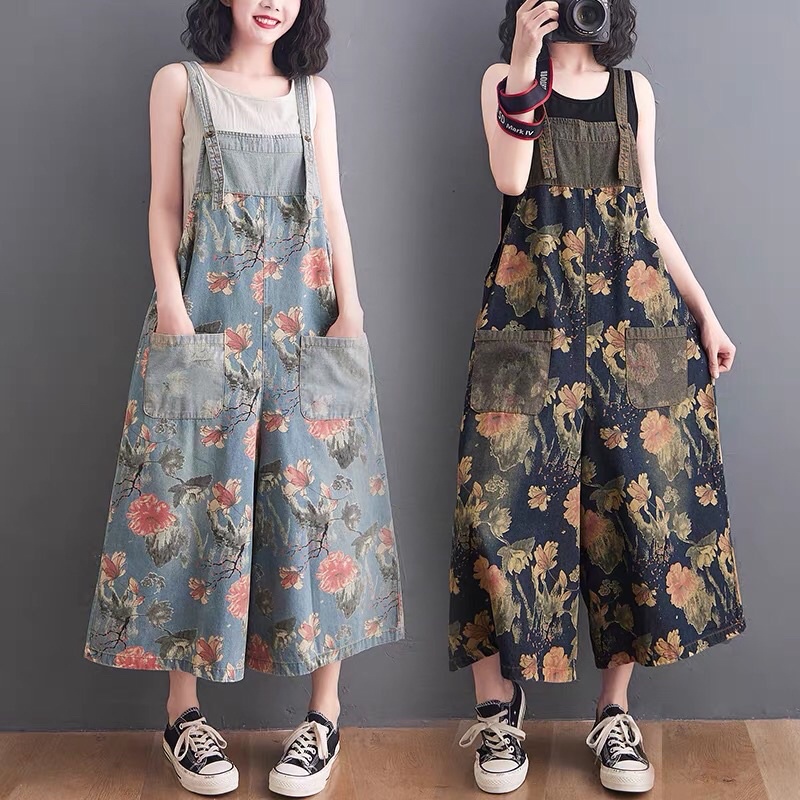 M-2XL 45-93kg Plus Size Washed Denim Floral Printed Jumpsuit Playsuit Overall | Shopee Malaysia