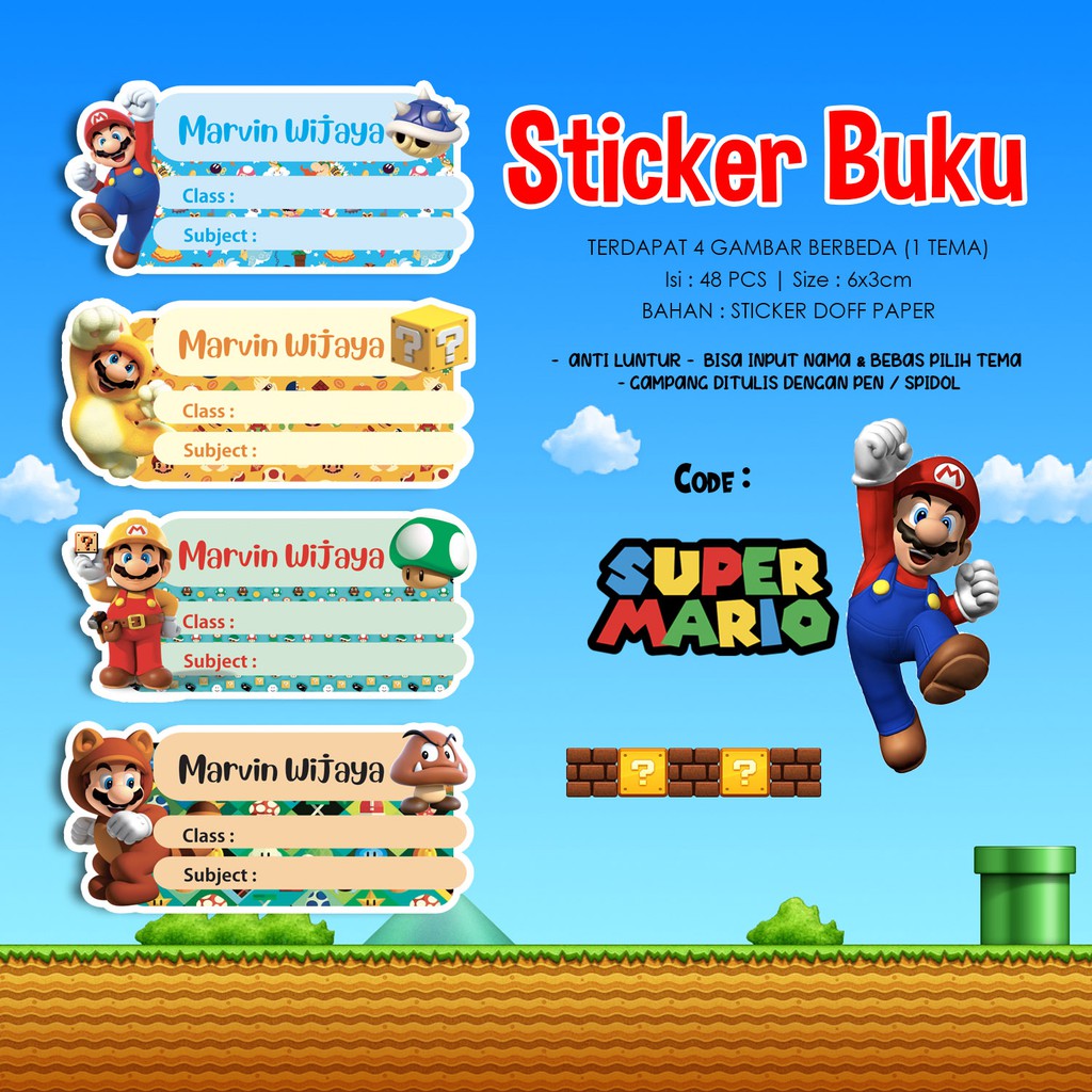Custom Book Stickers / Stickers with MARIO BROSS Character Names ...