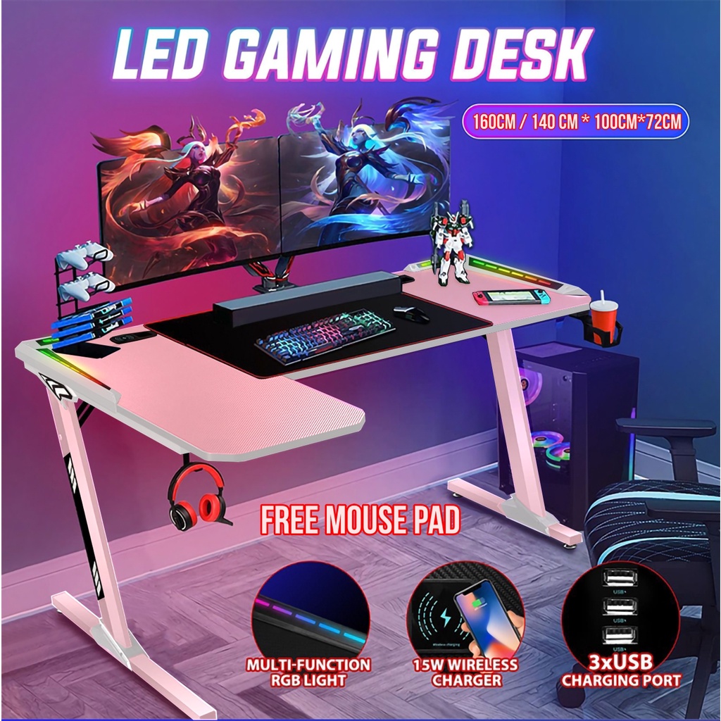 L-SHAPE Pink Esports Gaming Desk Computer Office Table Desktop RGB LED ...