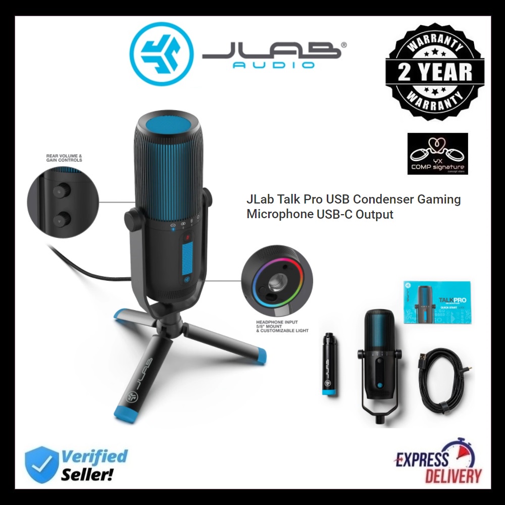 JLab Talk Pro USB Condenser Gaming Microphone USB-C Output Cardioid ...