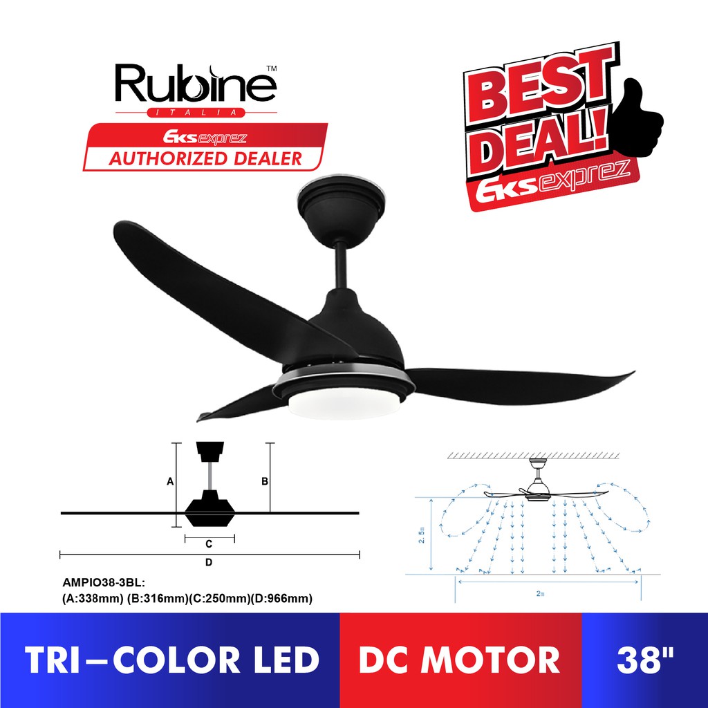 Rubine DC Motor Ceiling Fan With LED Light (38") RCF-AMPIO38-3BLN ...