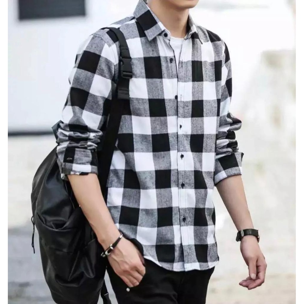HITAM PUTIH PRIA KEMEJA Men's Long-Sleeved Flannel Shirt/ Black And ...