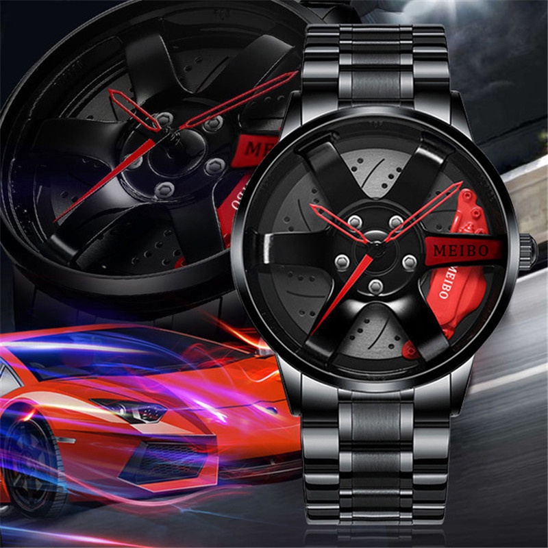 Creative Wheel Dial Men Sports Watch Black Stainless Steel Band Male Quartz Wristwatches Clock ...