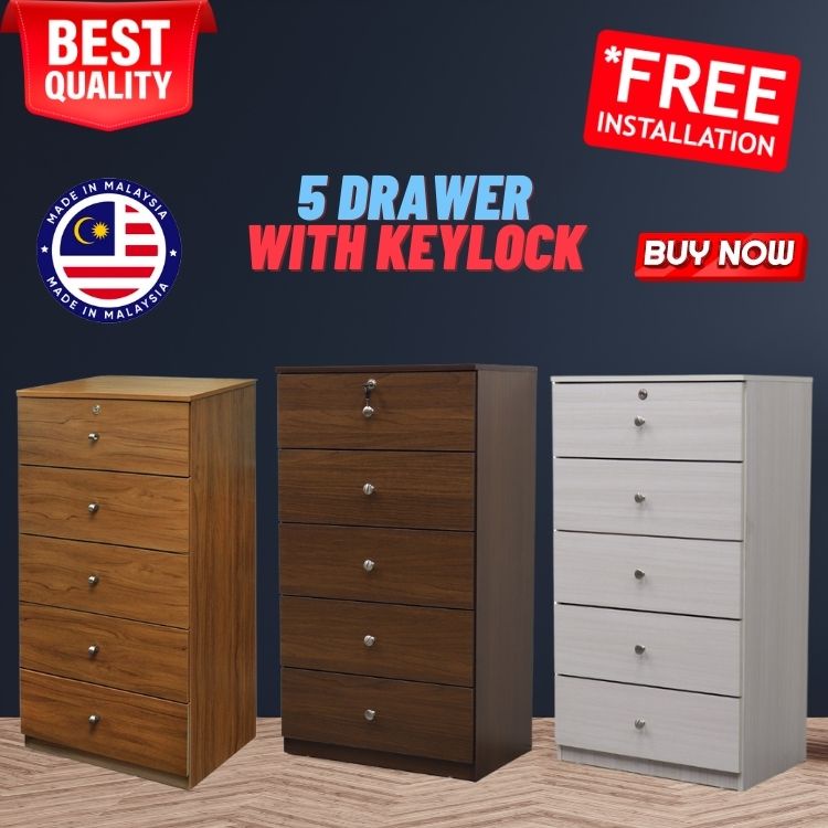 5 Drawers Chest Drawer with Lock Laci Almari Baju Wardrobe 5 Tier ...