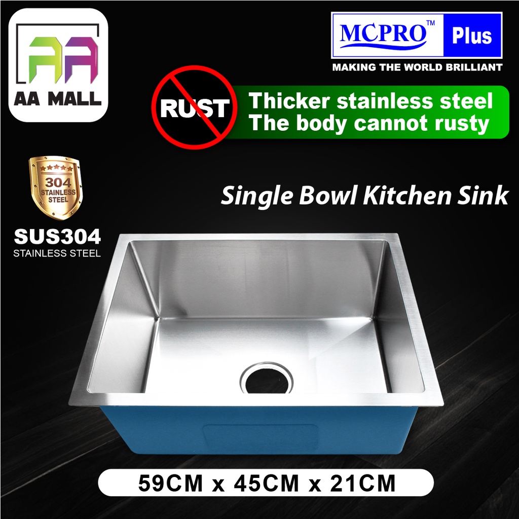 AA MALL SUS304 Stainless Steel Handmade Silver Single Sink Bowl Kitchen ...