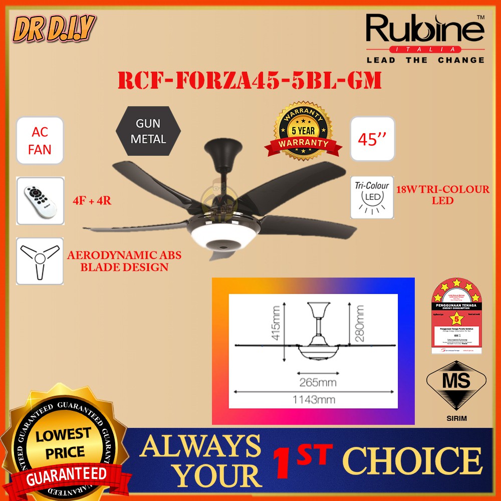 RUBINE 45" LED 5 BLADES CEILING FAN RCF-FORZA45-5BL-GM | Shopee Malaysia