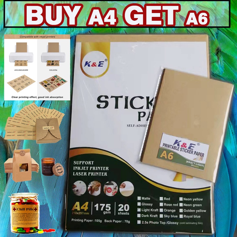 (BUY1GET1-A6)20PCS Sticker Paper A4 Matte, Glossy & Kraft A4 ...