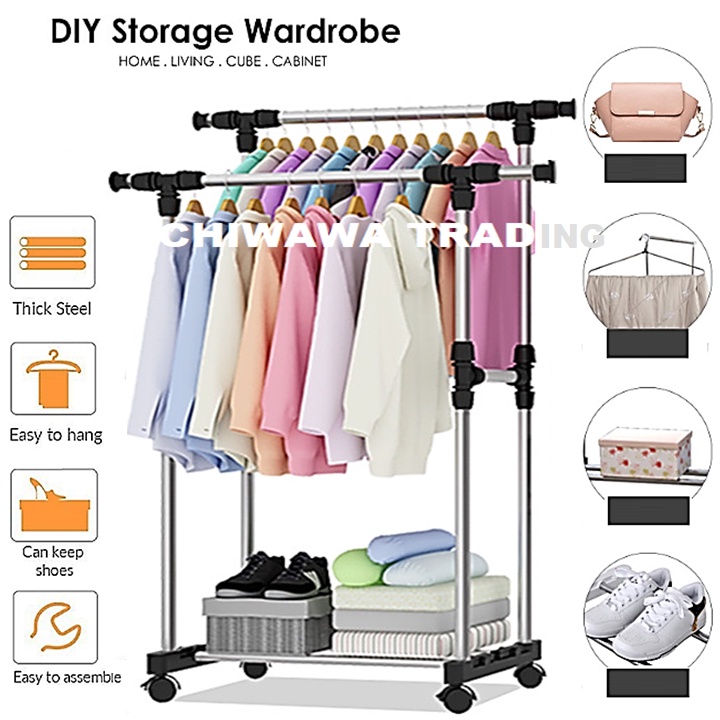 DIY Double Clothes Hanging Steel Rack Cloth Shoe Wardrobe Closet ...