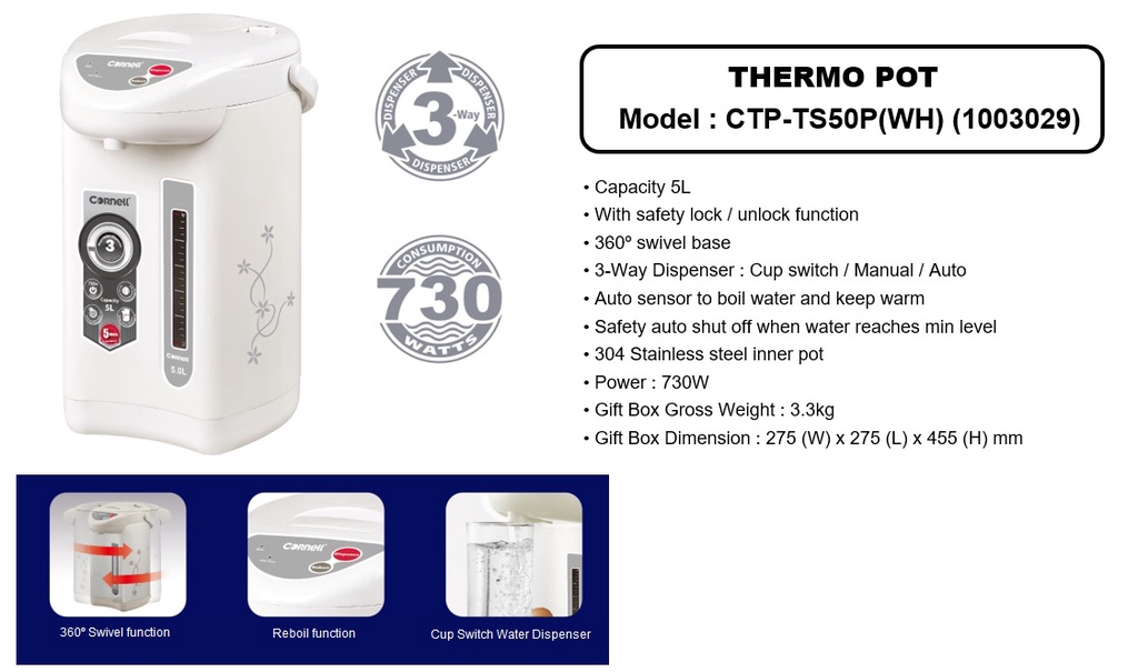 CORNELL Thermo Pot 5L CTP-TS50PWH Hot Water Pot Keep Warm Air Panas ...