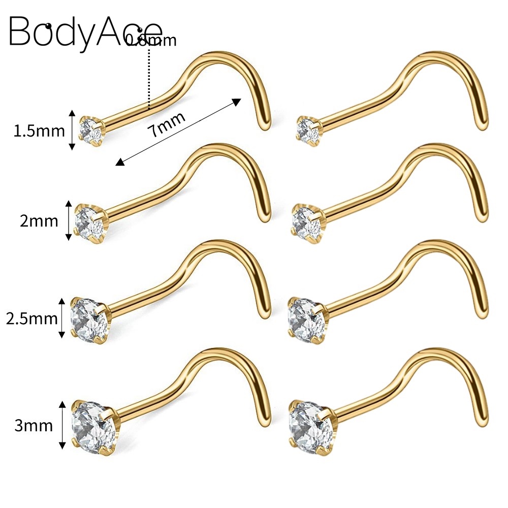 Bodyace 1.5-3mm Nose Stud Set 8 pcs Crystal Nostril Piercings Stainless ...