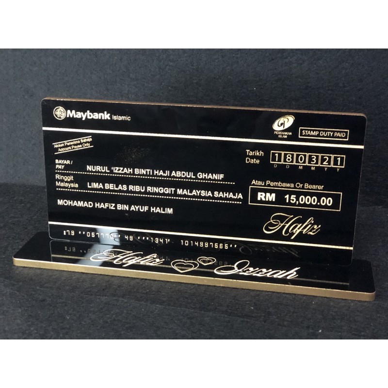 Replica Cek Hantaran Perkahwinan Acrylic Engrave | mock up Cheque ...