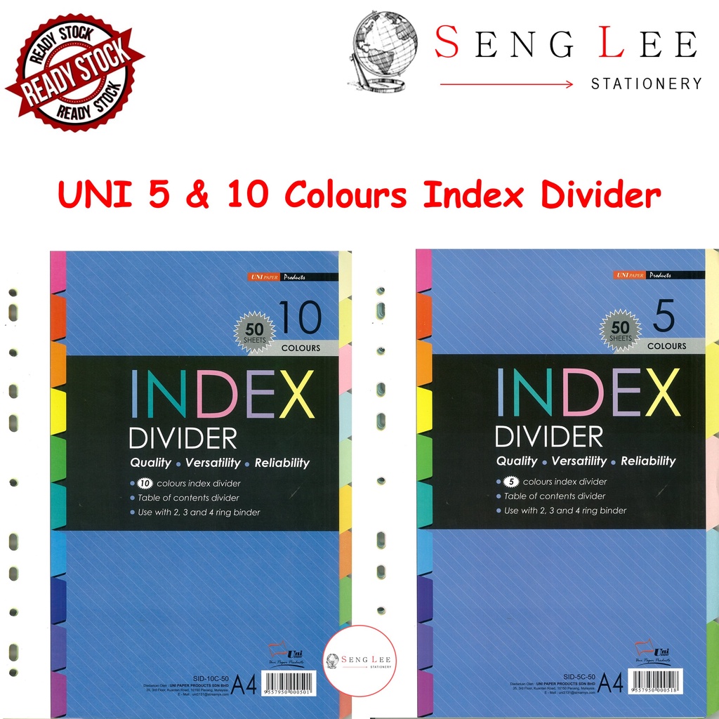 UNI PAPER A4 Colour Index Divider 5 / 10 Colours 50 Sheets | Shopee ...