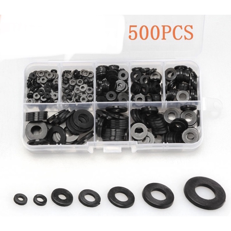 🌟500Pcs🌟Black Nylon Flat Washer Assortment Kit M2M2.5 M3 M4 M5 M6 M8 M10 Plain Repair Washer ...