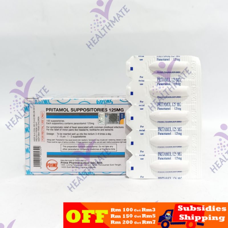 PRIME Pritamol Suppositories 125MG PARACETAMOL (1 BOX) | Shopee Malaysia