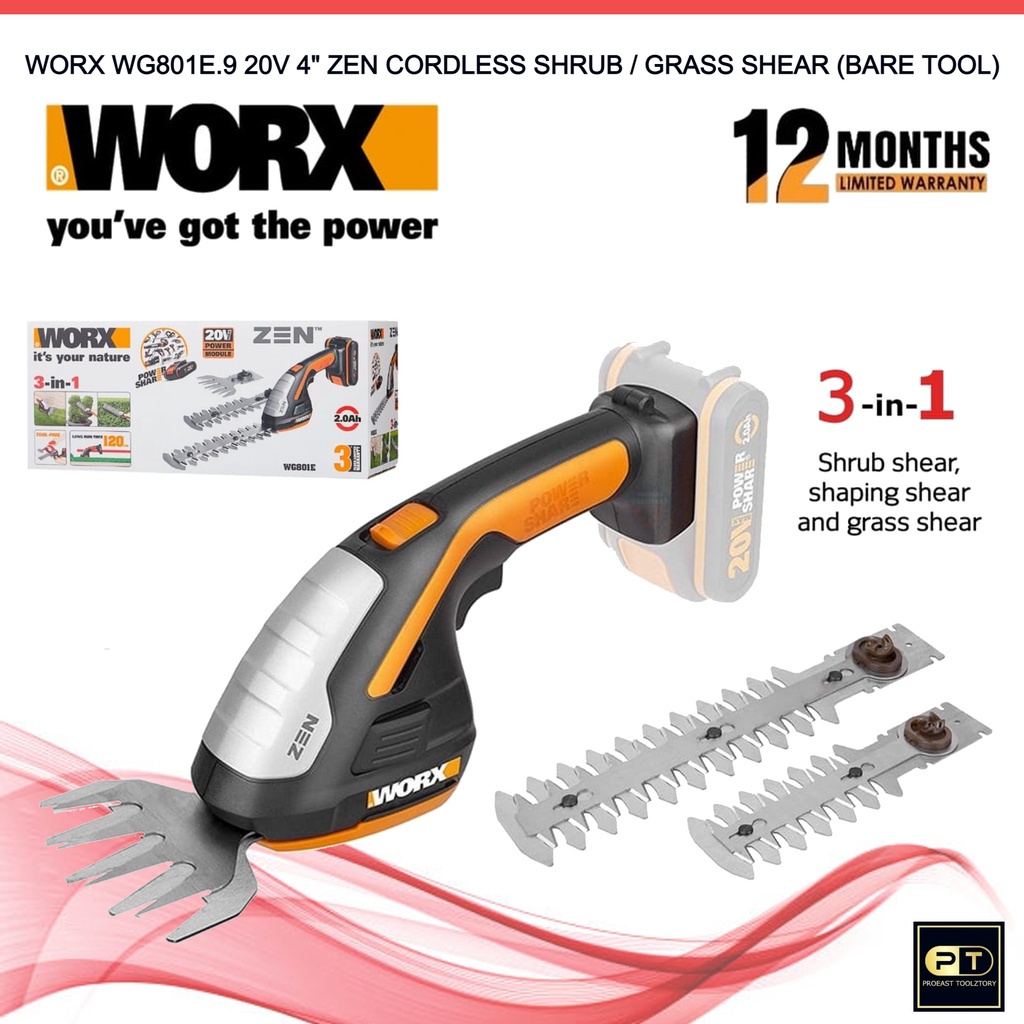 WORX WG801E.9 20V 4" ZEN Cordless Shrub / Grass Shear Shrubber Trimmer ...