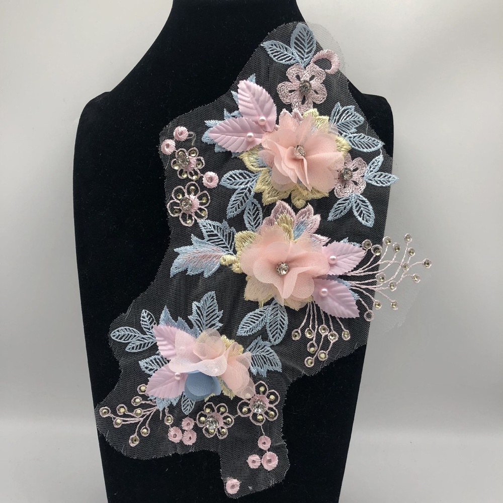 1Pc Pearl Rhinestone Embroidery Dress Lace Flowers Patch Three ...