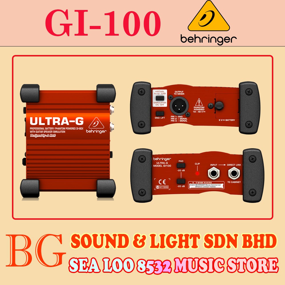 BEHRINGER GI-100 / GI100 PROFESSIONAL BATTERY/ PHANTOM POWERED DI BOX ...