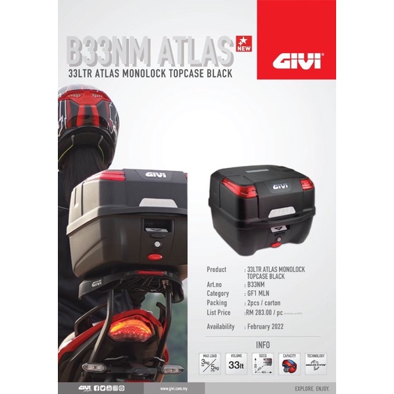 OFFER-GIVI TOP BOX ATLAS MONOLOCK TOP CASE 33 LITER B33NM -INCLUDE BASE PLATE | Shopee Malaysia