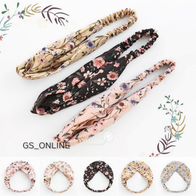 Ready Stock Elastic Floral Printed Hairband Cross Knot Turban Headwrap ...