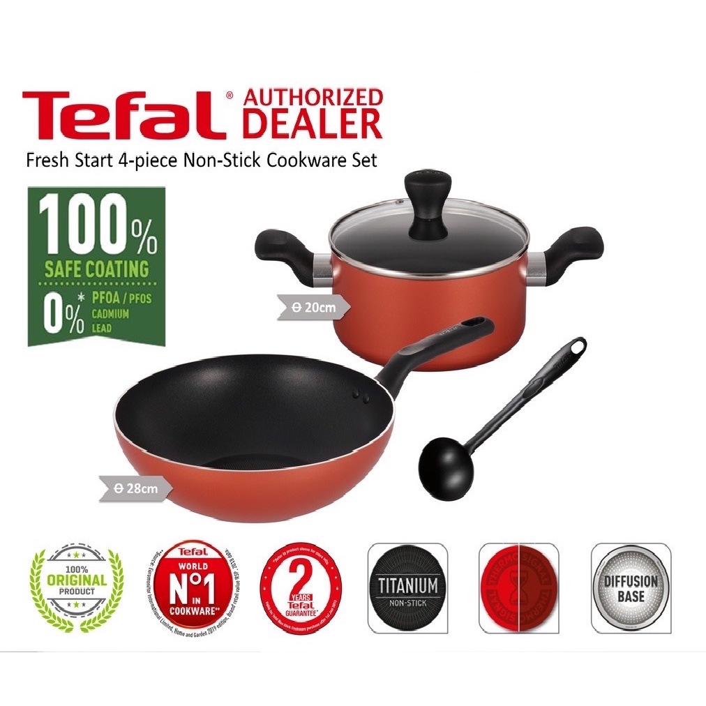 Tefal Fresh Start 4 piece Non Stick Cookware Set B507S4 Wokpan Lid Stewpot Ladle | Shopee Malaysia