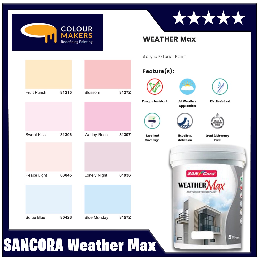 5lt SANCora® Weather Max Acrylic Exterior Paint 5 Litre Cat Luar Rumah ...