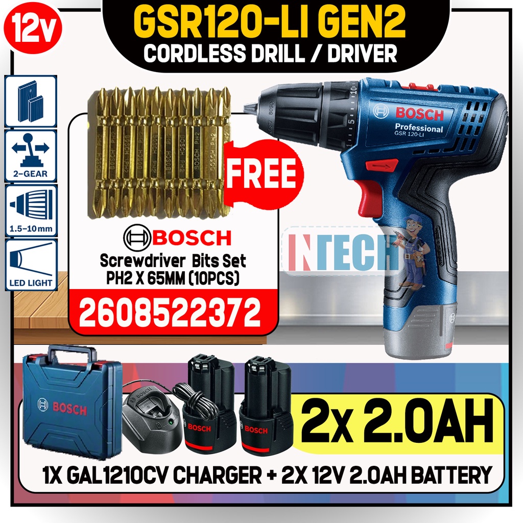 BOSCH GSR120-LI 12V CORDLESS SCREWDRIVER DRILL C/W GAL1210CV + 2X 12V 2 ...