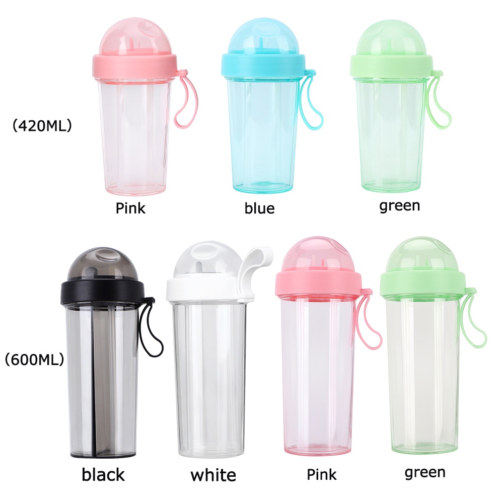 600Ml Water Bottle Portable Dual Purpose Two Straws Botol Air Outdoor Travel Proof Dual-Use ...