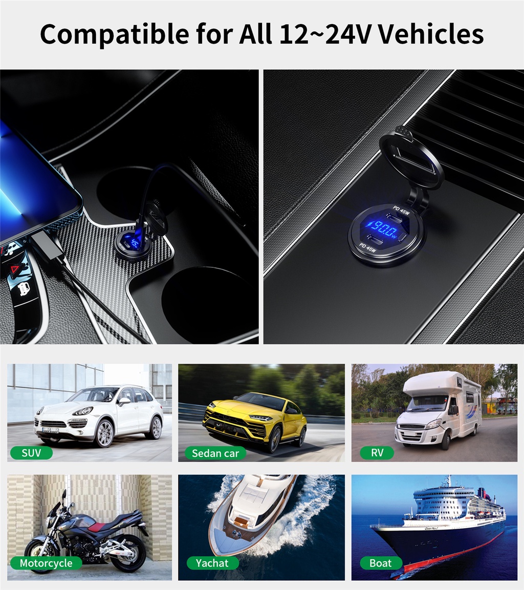 90W Dual Type-C PD Car USB Charger Socket Power Outlet Adapter 12V 24V ...