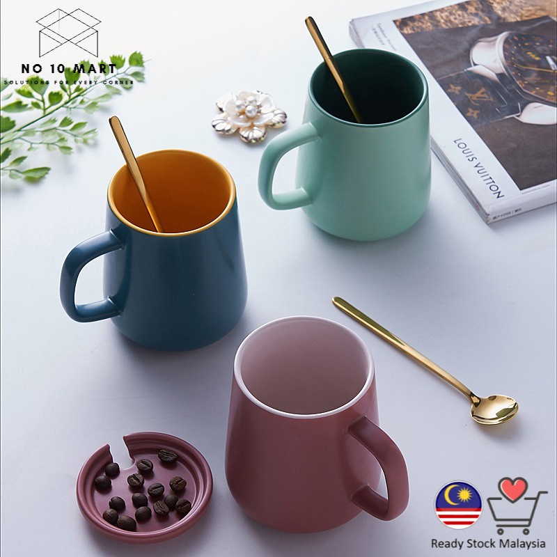 [Ready Stock] Nordic Ceramic Mugs With Cover and Spoon Light Creative ...