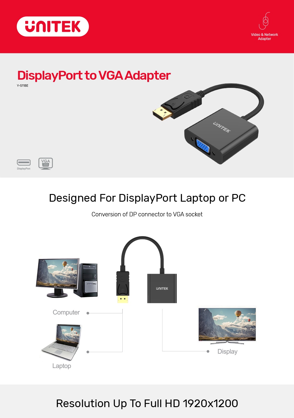 Unitek Converter Series DisplayPort To VGA Female Converter 1080P Full ...