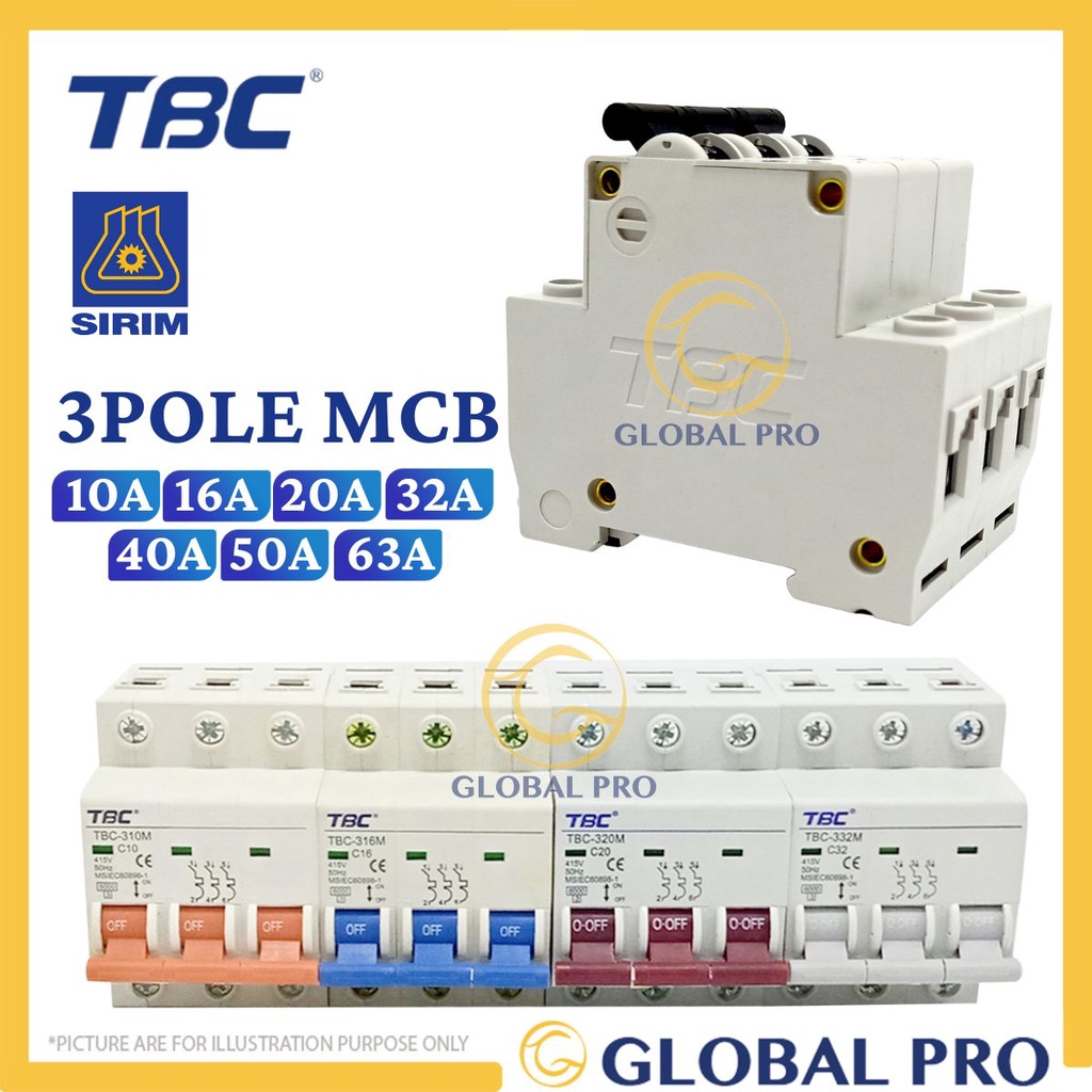 TBC 3 Pole Miniature Circuit Breaker (MCB) With SIRIM Approved 10 / 16 / 20 / 32 / 40 / 50 ...