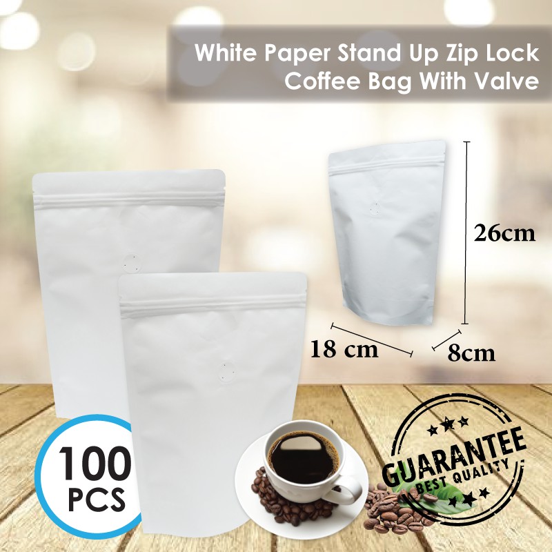 [Customize Coffee Bag] 100 PCS White Paper Stand Up Zip Lock Coffee Bag ...