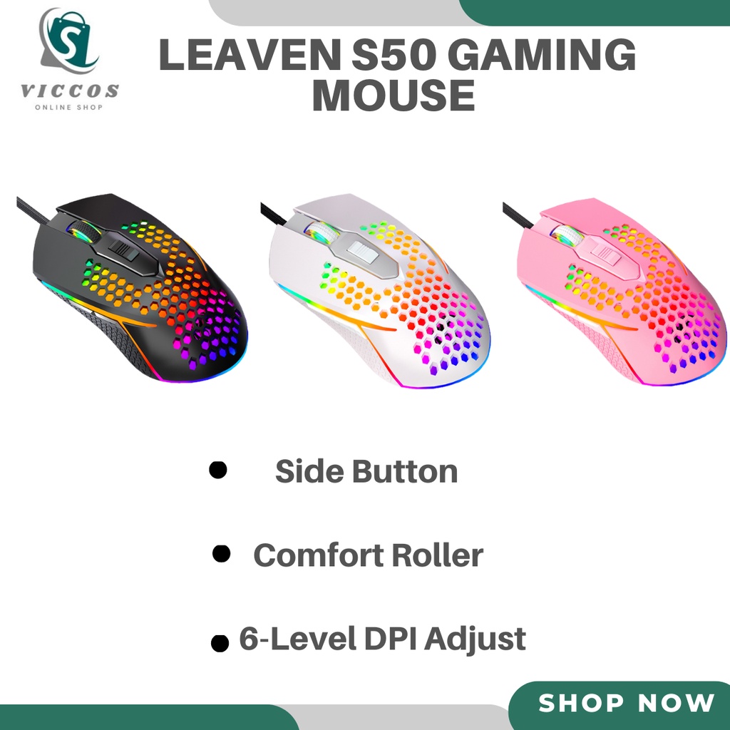 LEAVEN Light Weight RGB Gaming Mouse S50 Honeycomb Hole Design 7200 DPI ...