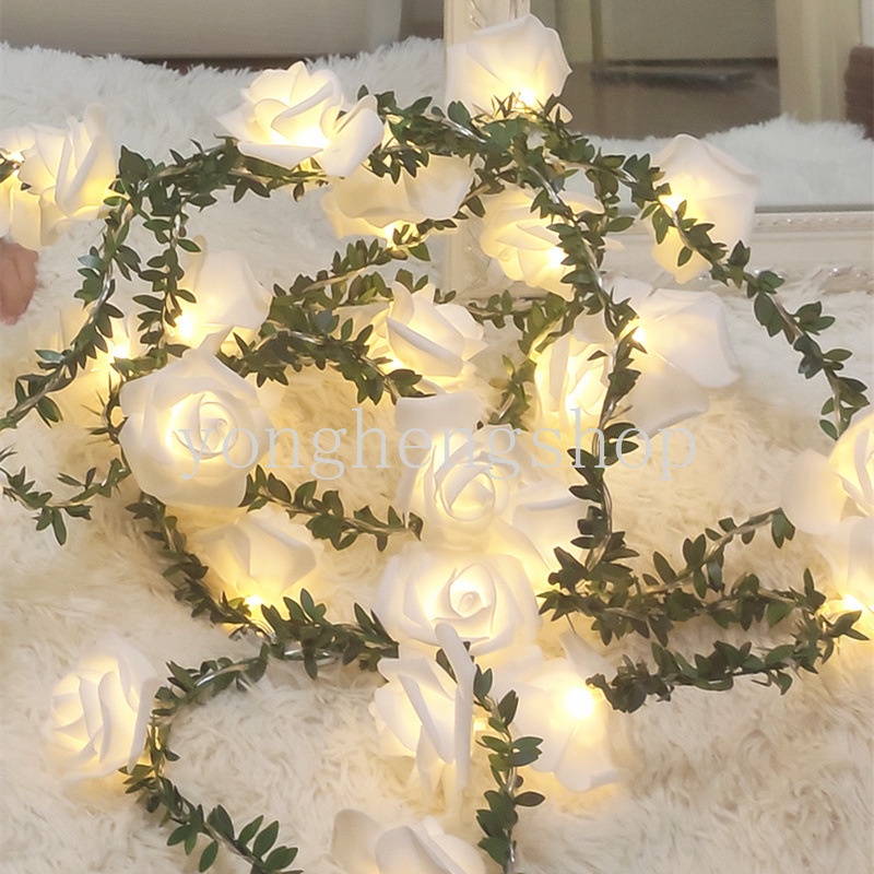 Artificial Green Leaf Rose Flower LED String Lights DIY Garland Lamp ...
