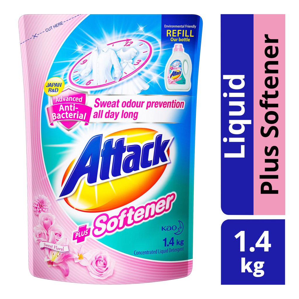 Kao Attack Liquid Detergent Plus Softener Refill 1.4kg | Shopee Malaysia