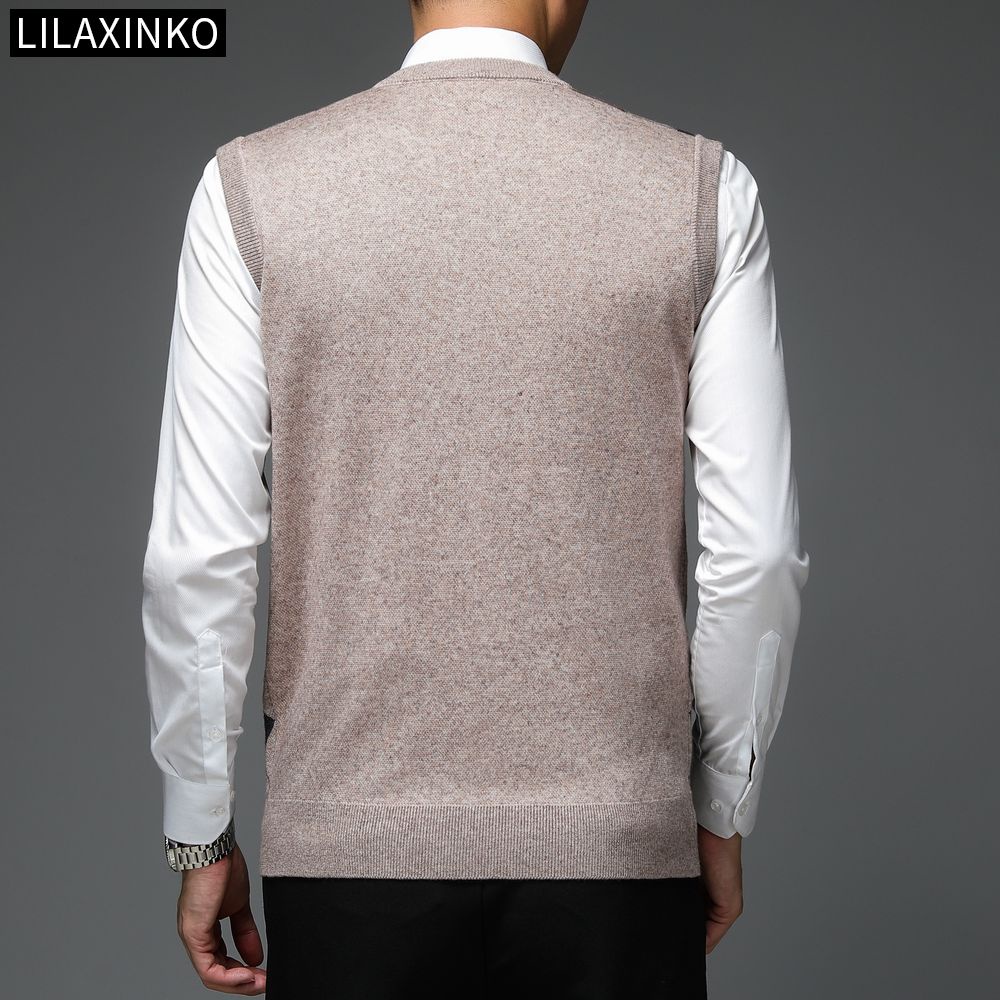 5 Color Men Vest Sleeveless Wool Sweater V Neck Checkered Plaid Striped ...