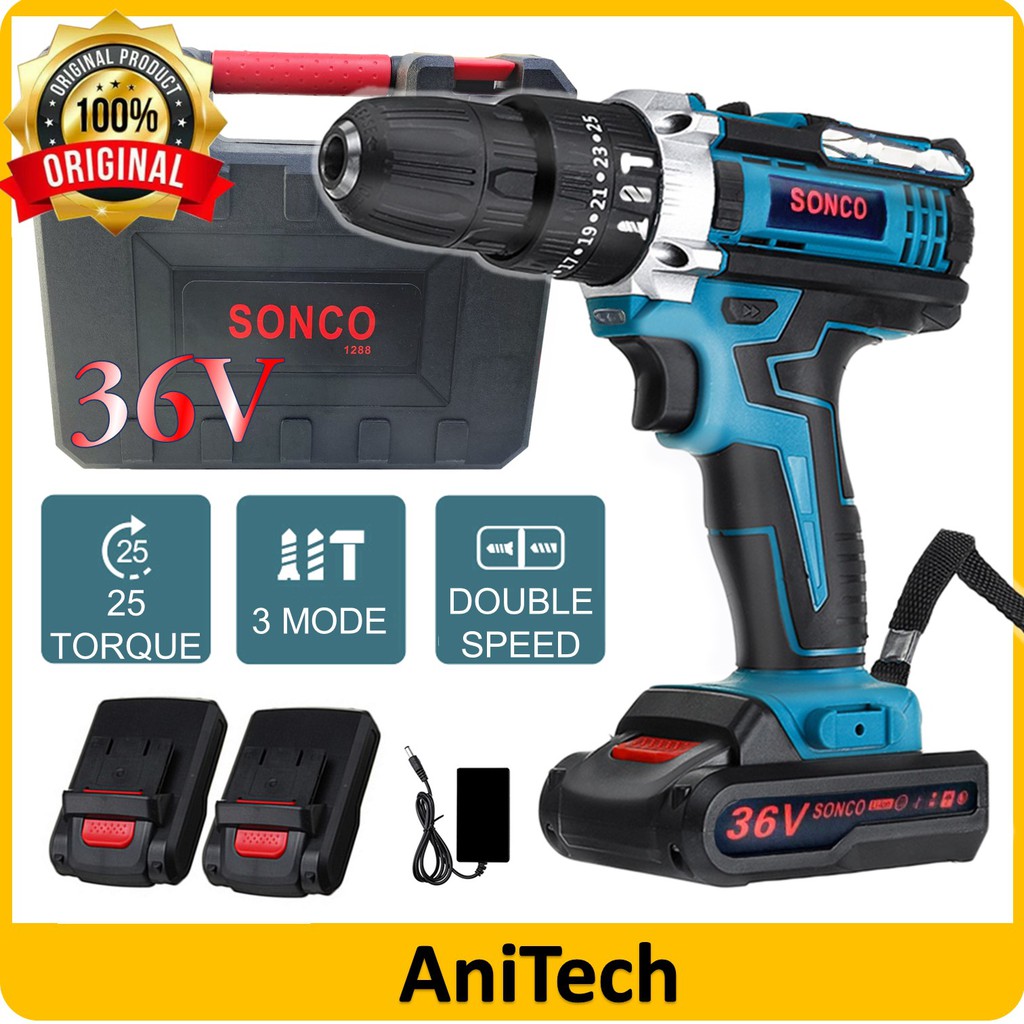 SONCO 36V Cordless Hammer Drill / Impact / Driver Drill Screwdriver 3 ...