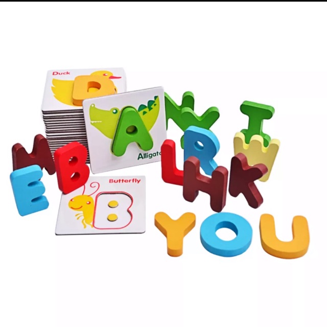 26 Pcs Kids Wooden Cartoon Animal Style Alphabet Cardboard Flash Cards ...
