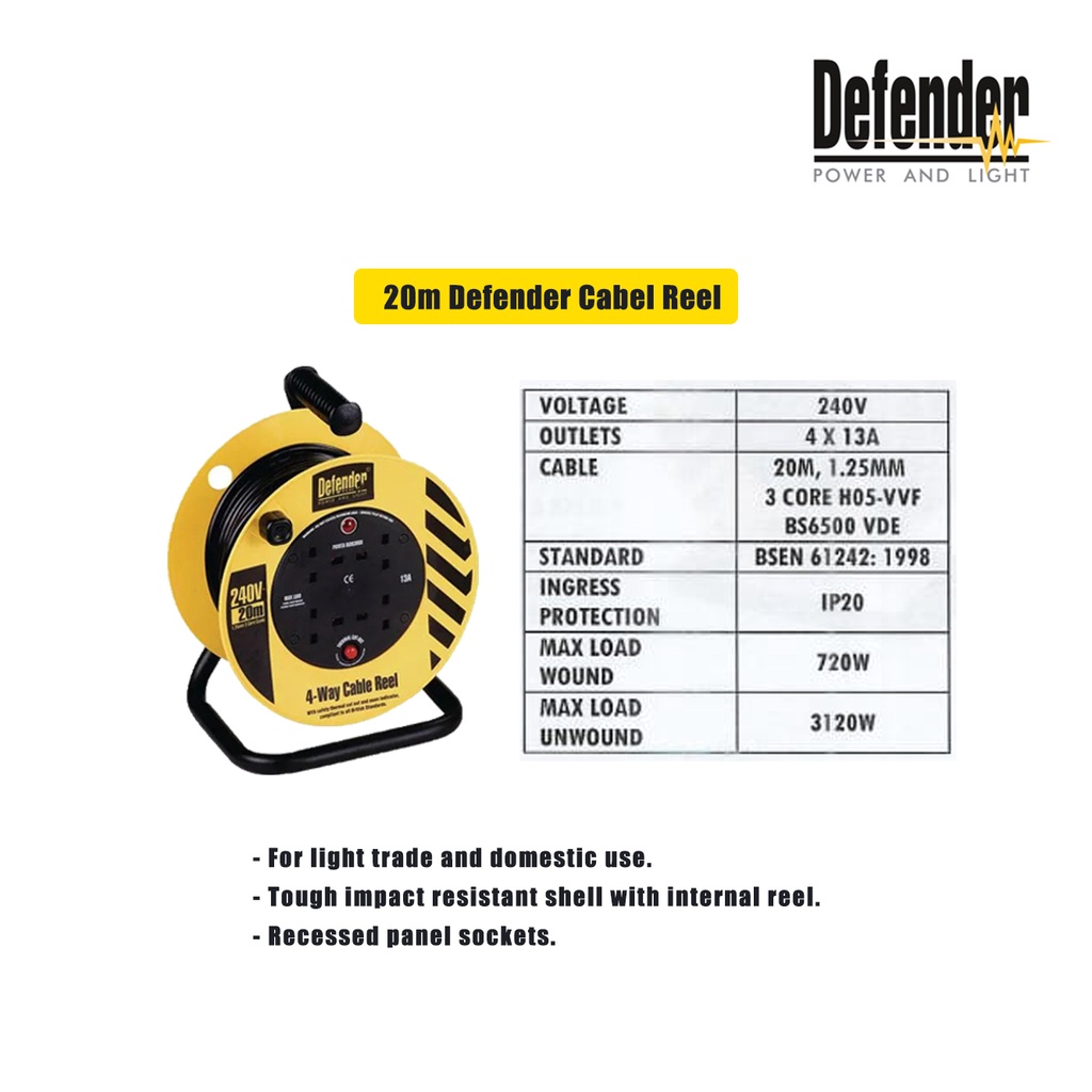DEFENDER 10M 15M 20M 30M 50M Industrial Extension Cable Reel Wire Reel ...