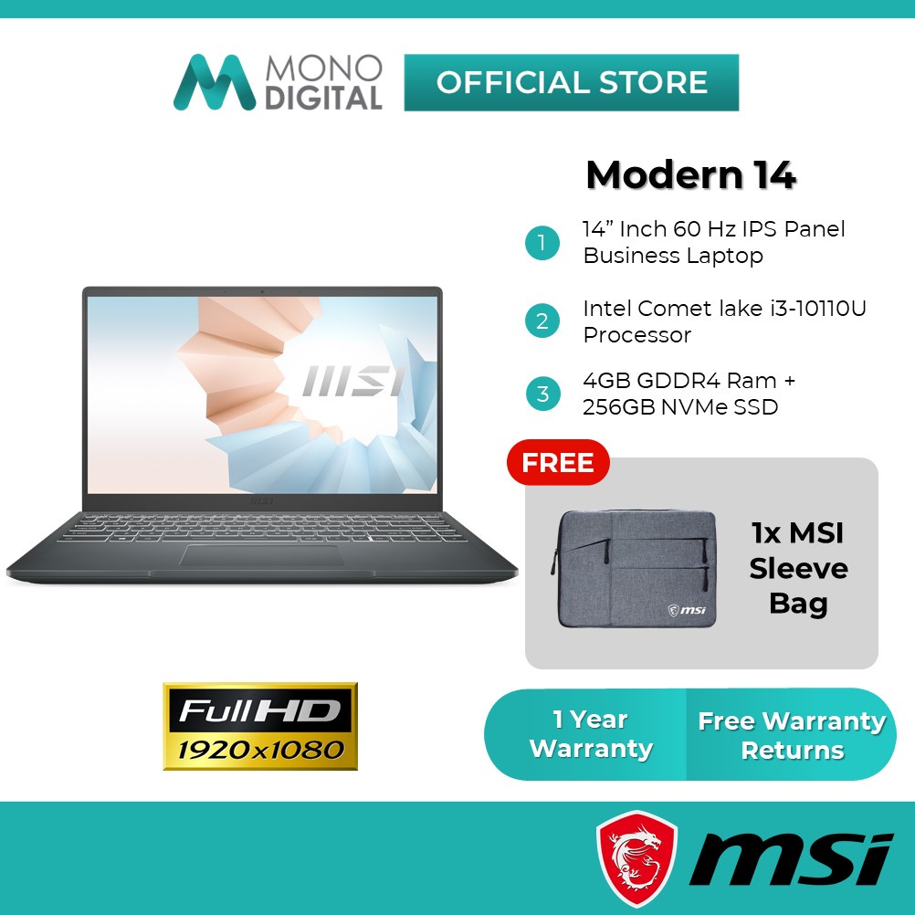 MSI Modern 14 B10MW-442MY 14" FHD Business Laptop (Intel i3-10110U/60Hz ...
