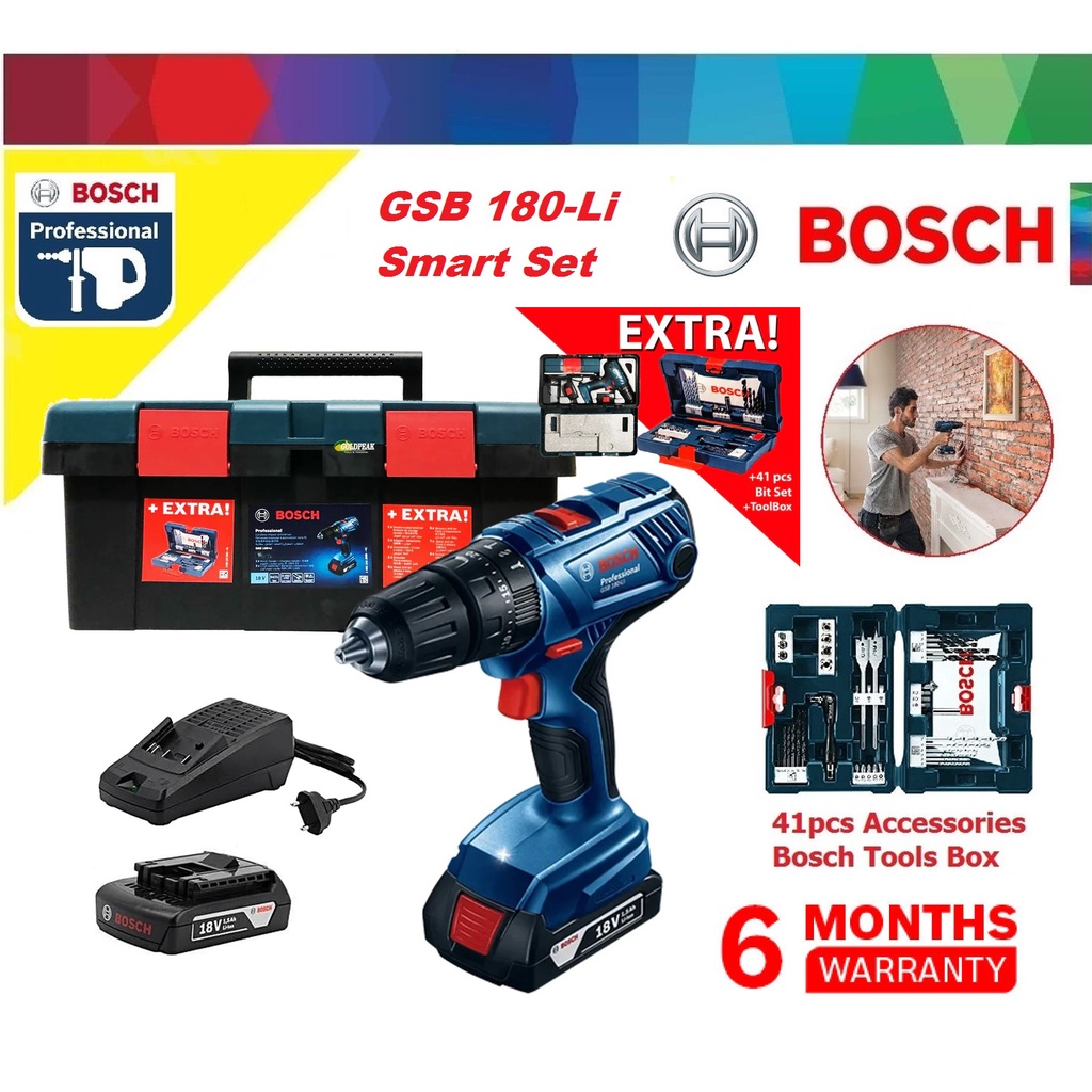 Bosch GSB 180-Li Cordless Hammer Drill + Smart Tools Box Set | Shopee ...