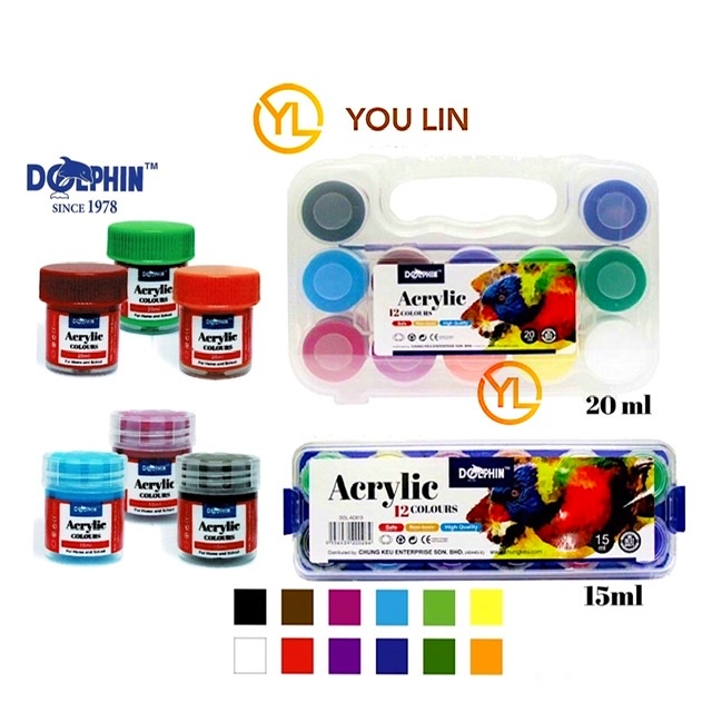 Dolphin Acrylic Colour Plastic Box Set of 12 Colours (20ML / 15ML ...