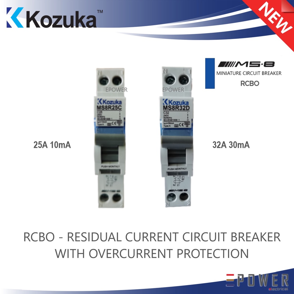 KOZUKA MS8 RCBO, 1P+N, 6KA, 25A 10mA, 32A 30mA RESIDUAL CURRENT CIRCUIT ...