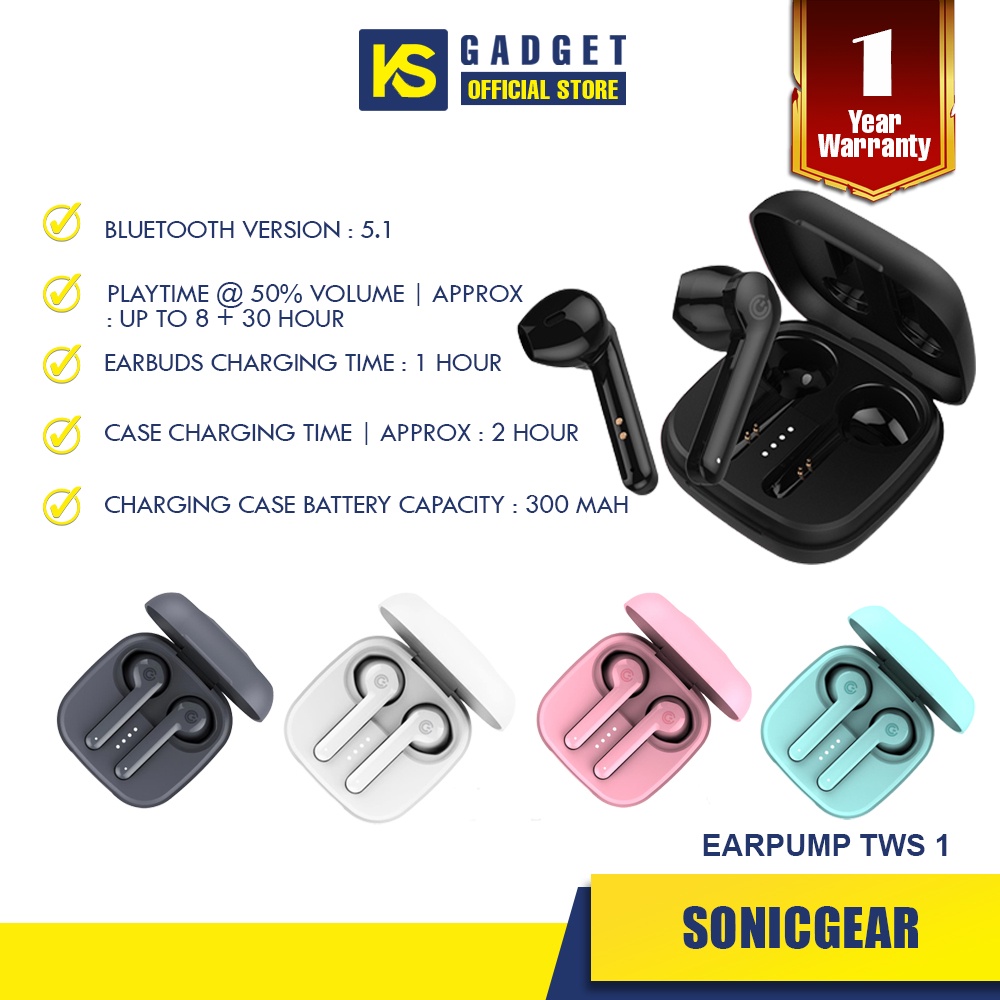 SonicGear Earpump TWS 1 (2021) True Wireless Stereo Earphone Bluetooth/ 38 Hour Playtime/ 60ms ...