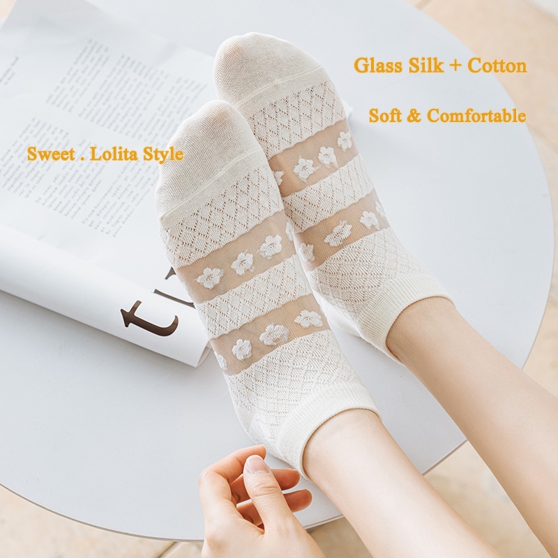 Lace Crystal Silk Women Ankle Socks Japanese Lolita White Cotton Sheer ...