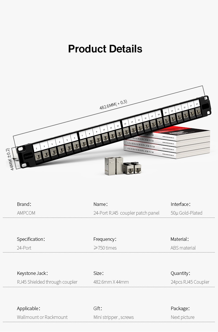 AMPCOM 24 Port Patch Panel Pass Through RJ45 Shielded with Backplane ...